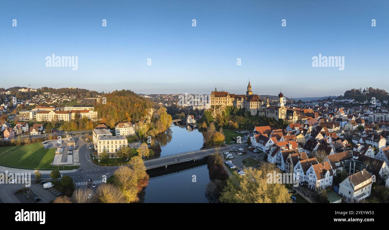 Aerial view, panorama of the town of Sigmaringen with the Hohenzollern ...