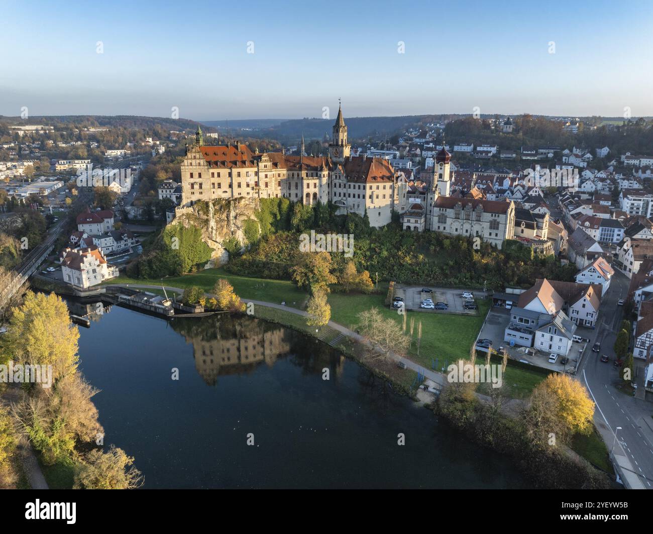 Aerial view of the town of Sigmaringen with the Hohenzollern Castle, a ...