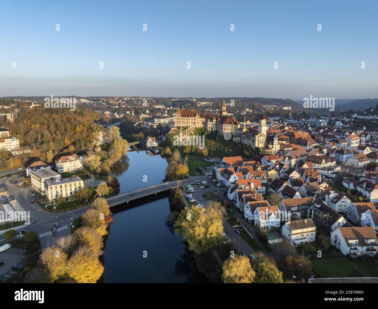 Aerial view of the town of Sigmaringen with the Hohenzollern Castle, a ...