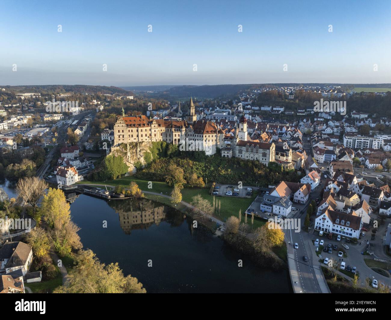 Aerial view of the town of Sigmaringen with the Hohenzollern Castle, a ...