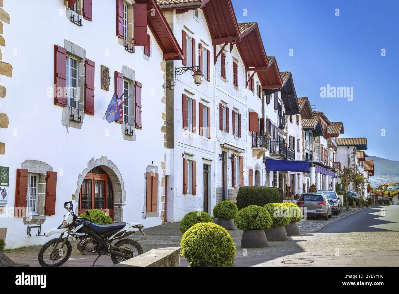 Street with historical houses in Ainhoa, Pyrenees-Atlantiques, France ...