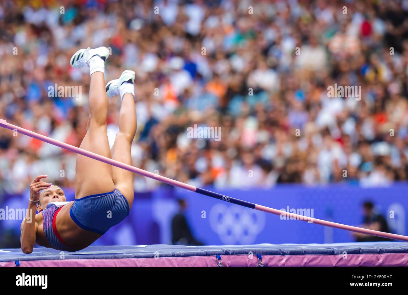 Anna Hall participating in the high jump at the Paris 2024 Olympic ...