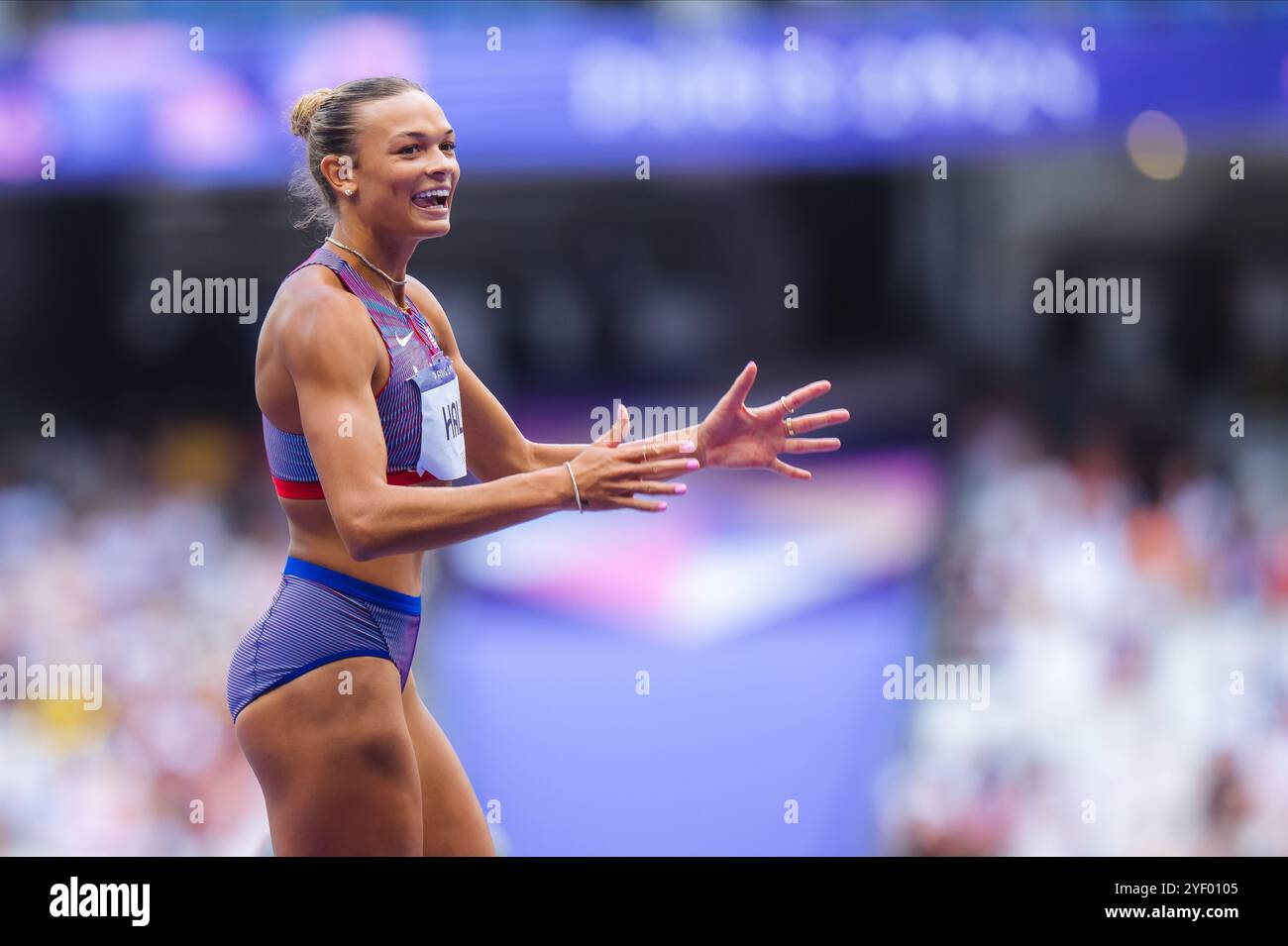 Anna Hall participating in the high jump at the Paris 2024 Olympic ...