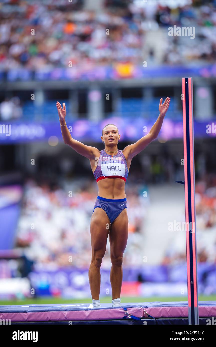 Anna Hall participating in the high jump at the Paris 2024 Olympic ...