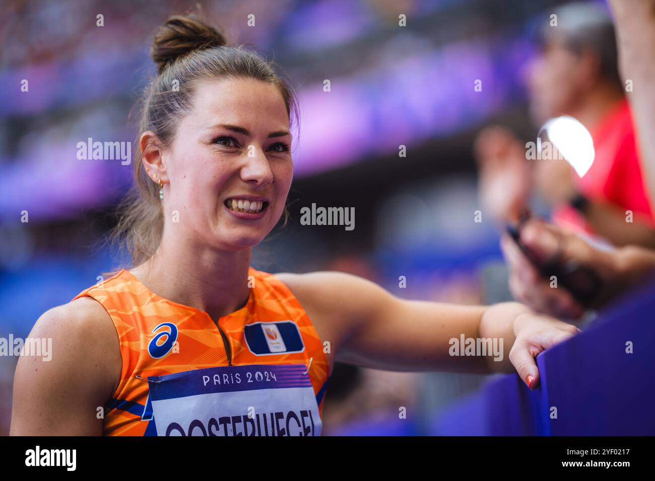 Emma Oosterwegel participating in the high jump at the Paris 2024 ...