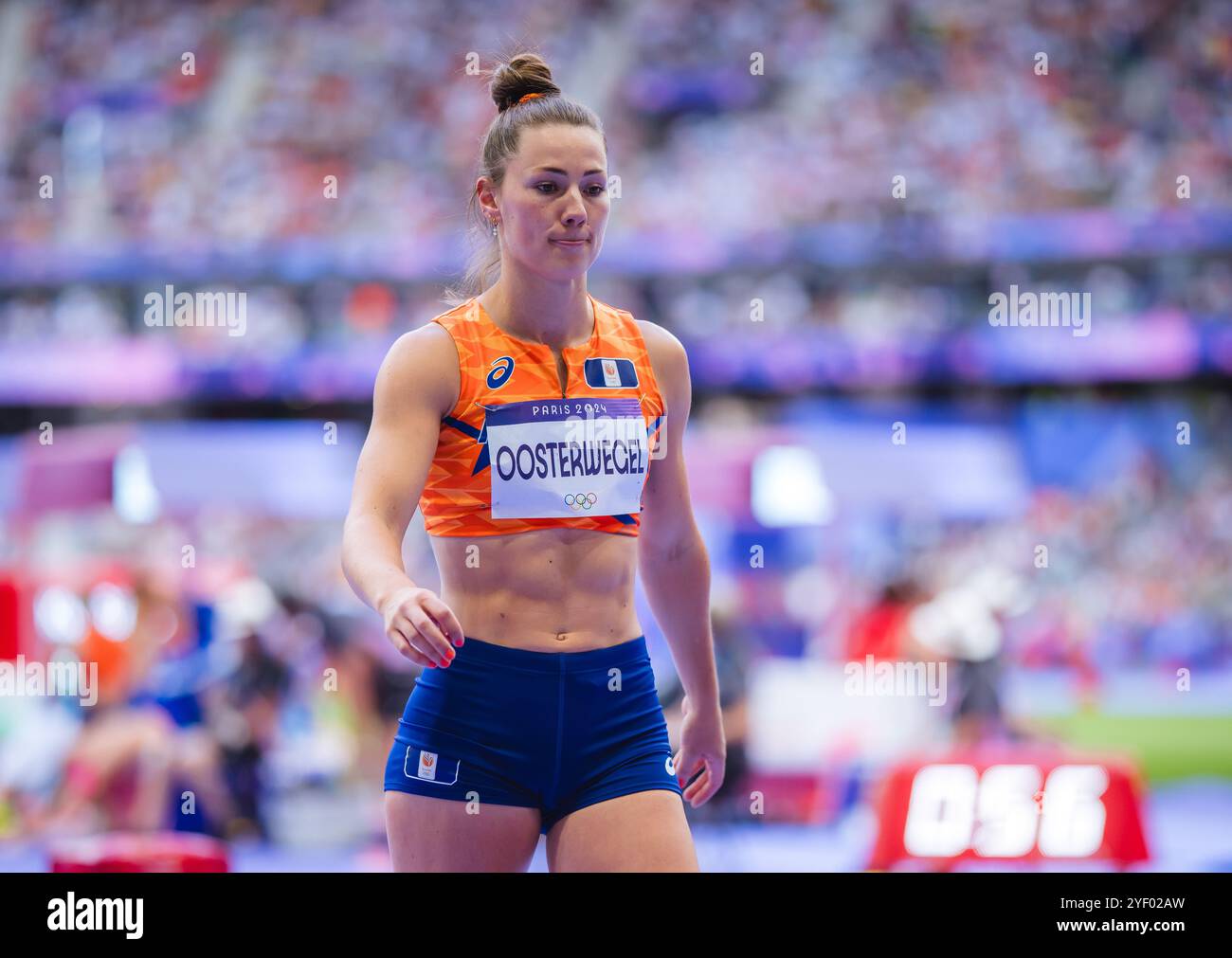 Emma Oosterwegel participating in the high jump at the Paris 2024 ...