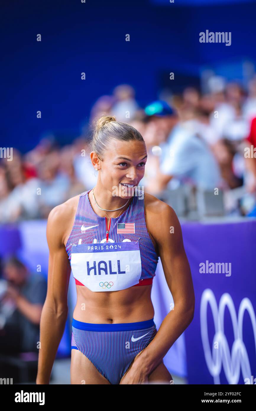 Anna Hall participating in the high jump at the Paris 2024 Olympic ...