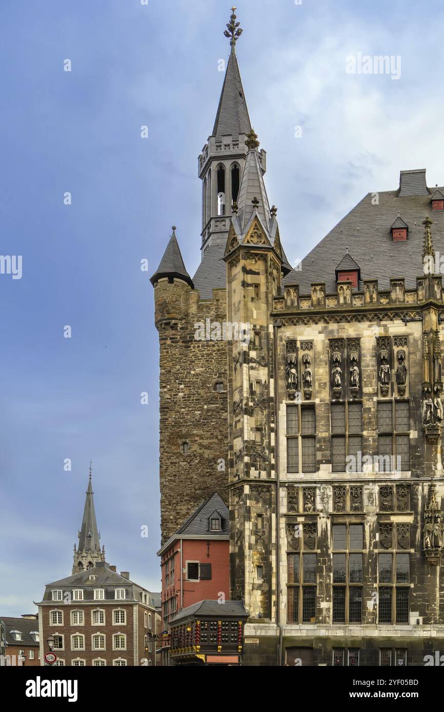 The Gothic Aachen Rathaus, or Aachen City Hall, lies next to the Aachen ...