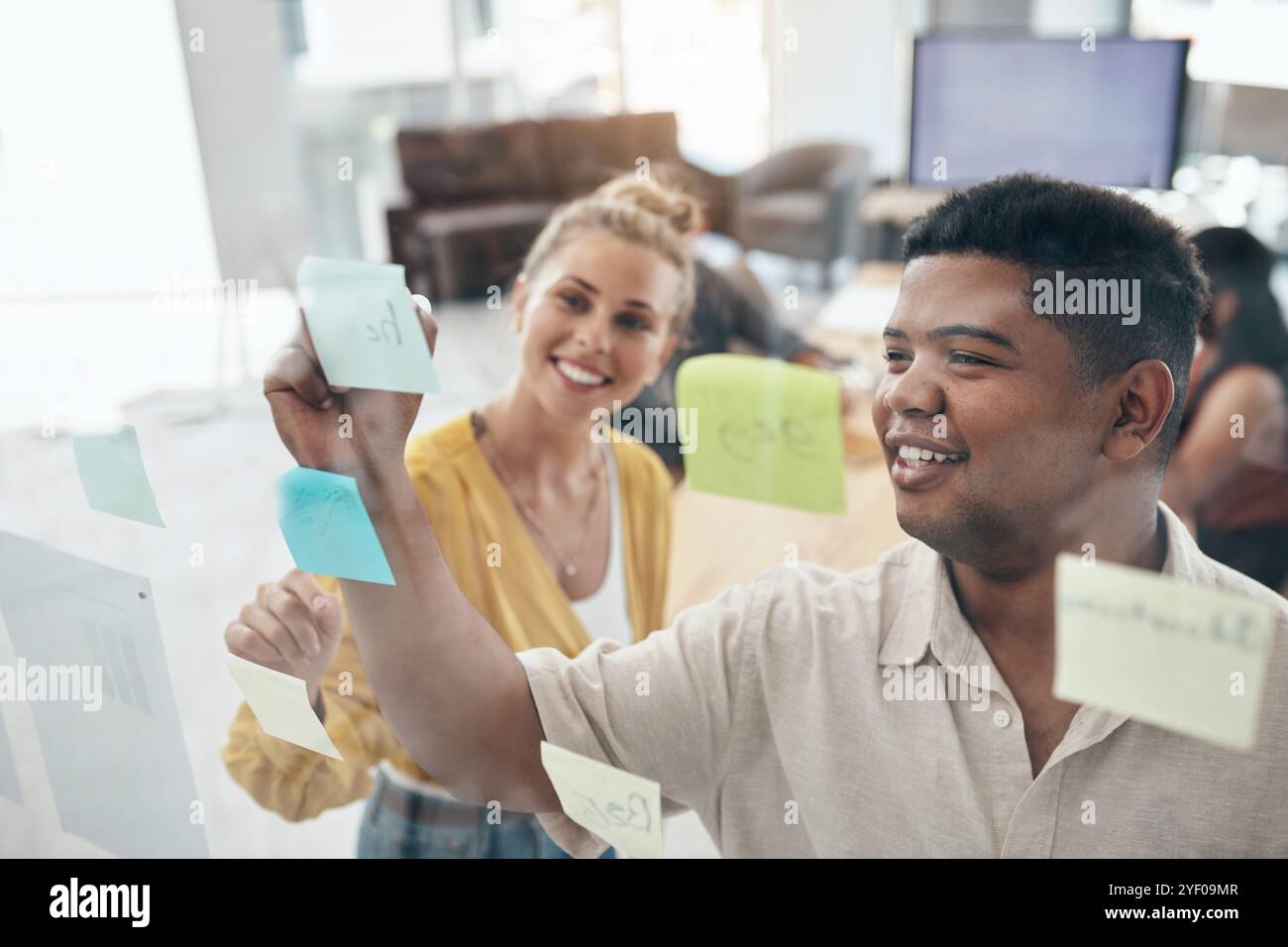 Office, teamwork and business people with sticky notes for ...