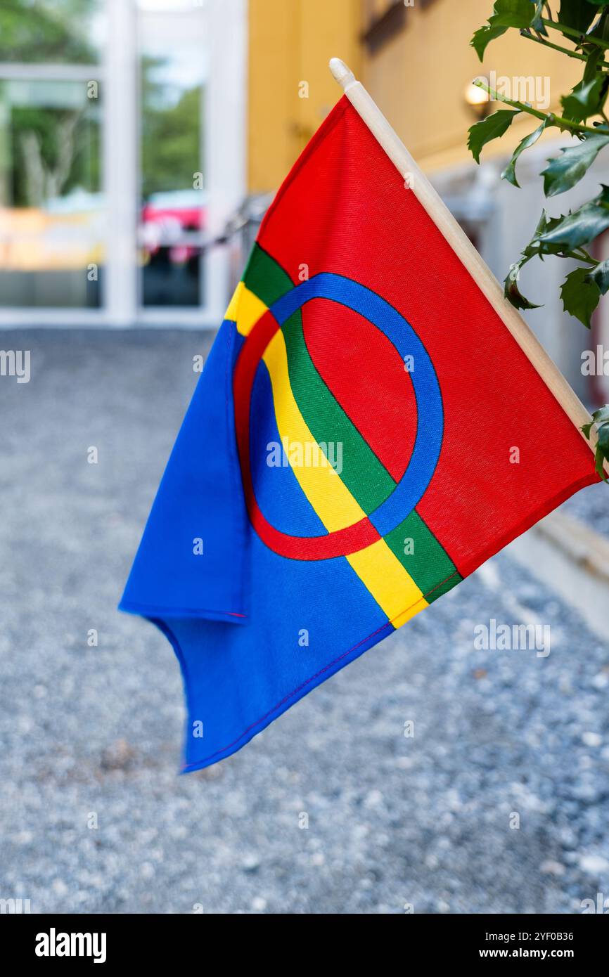 Sami nation flag in Nordland, Norway. Sami flag is the flag of Sami ...