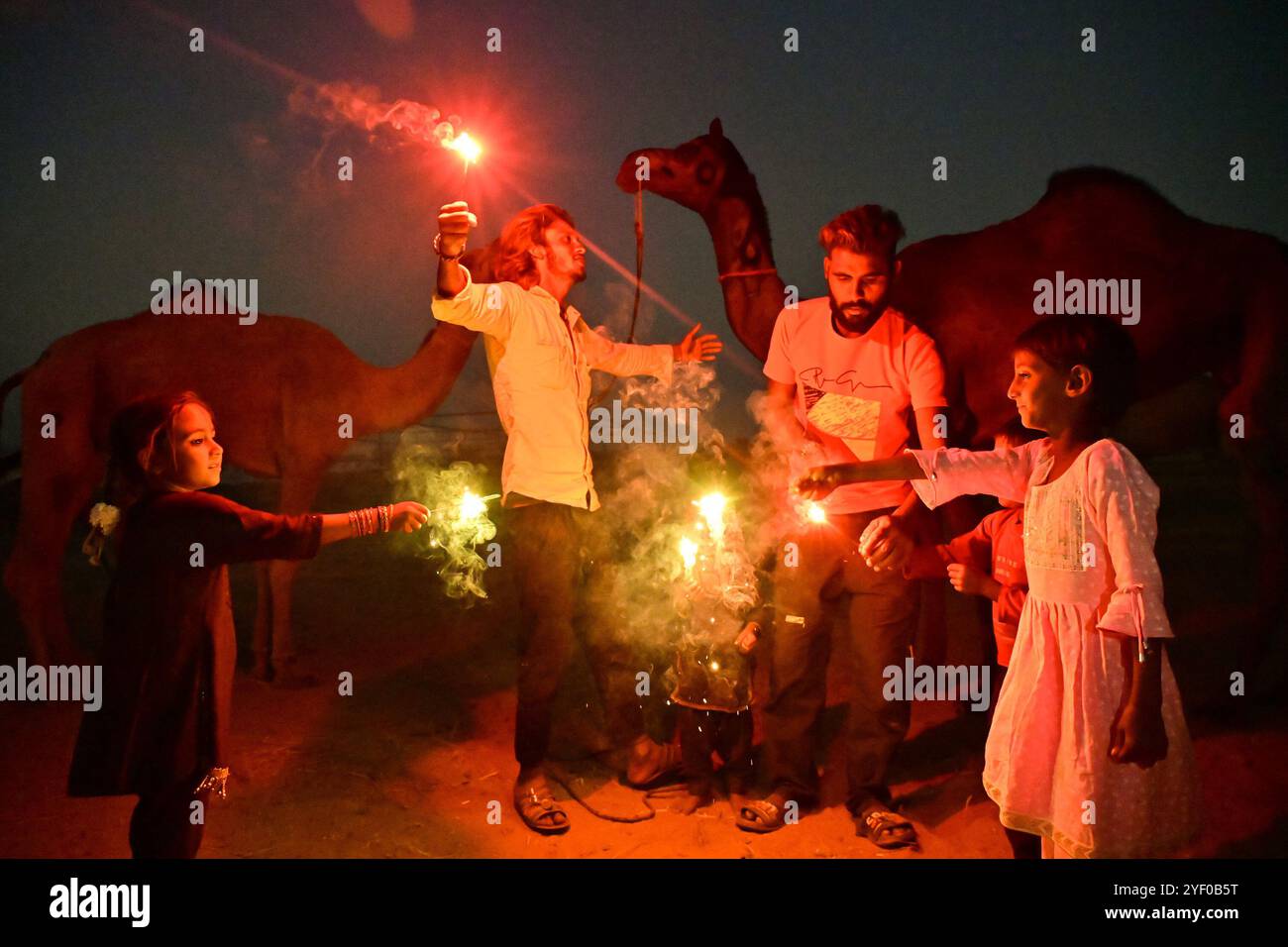 Camel herders light firecrackers as they celebrate the Diwali festival ...