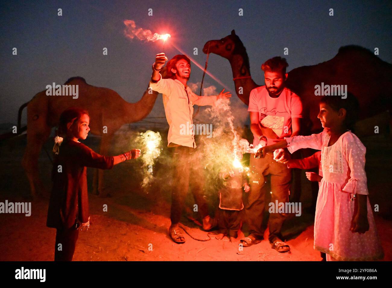 Camel herders light firecrackers as they celebrate the Diwali festival ...