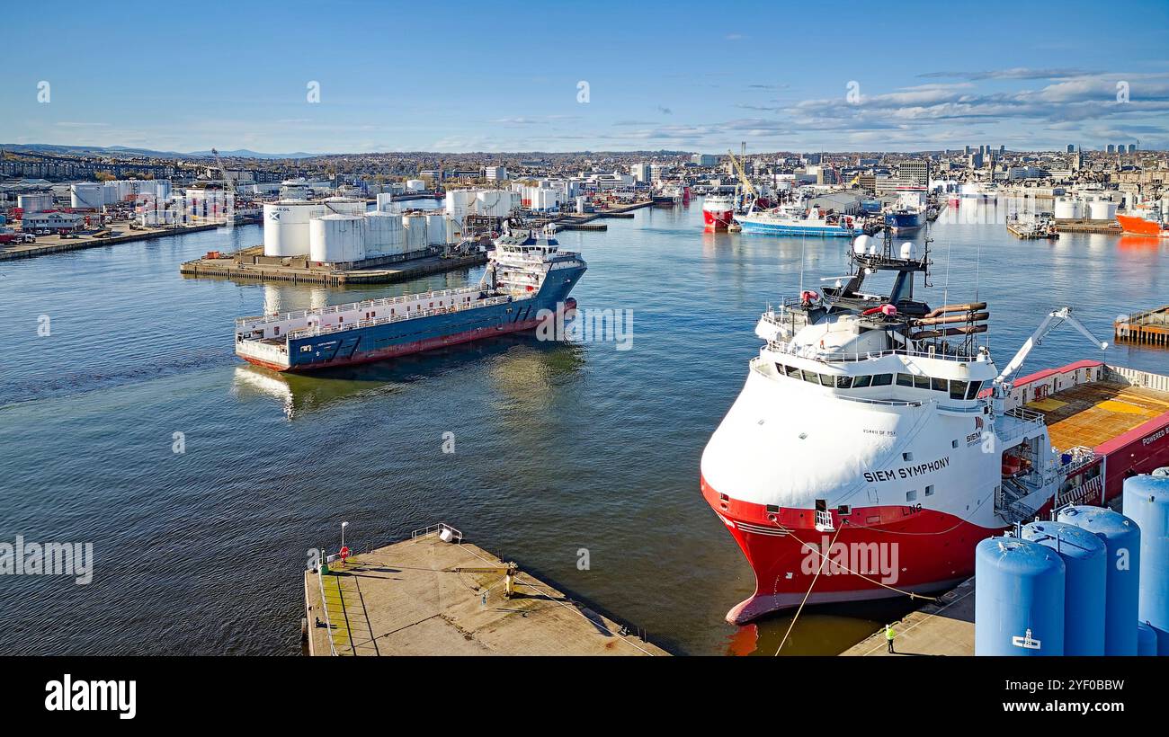 Aberdeen Scotland the harbour area oil rig supply vessels and North ...