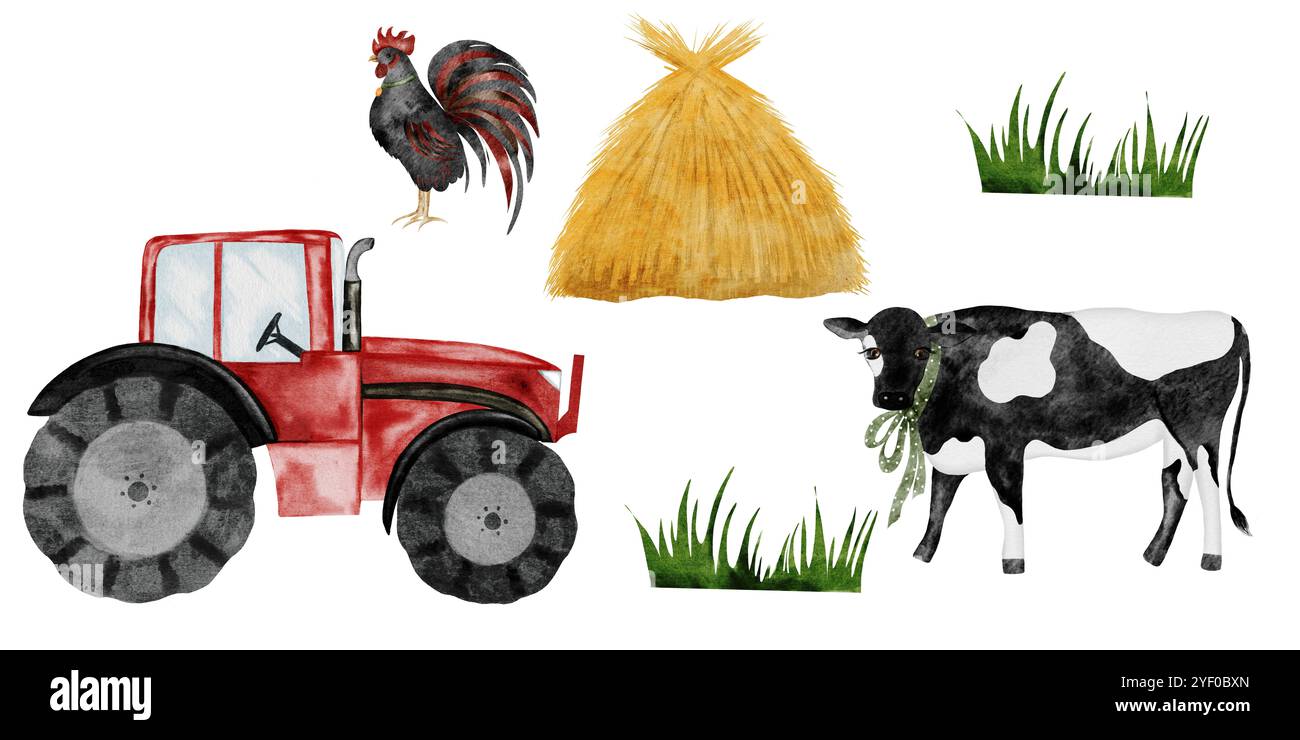 Cute farm animal and tractor set. Hand drawn cow, rooster, haystack and ...