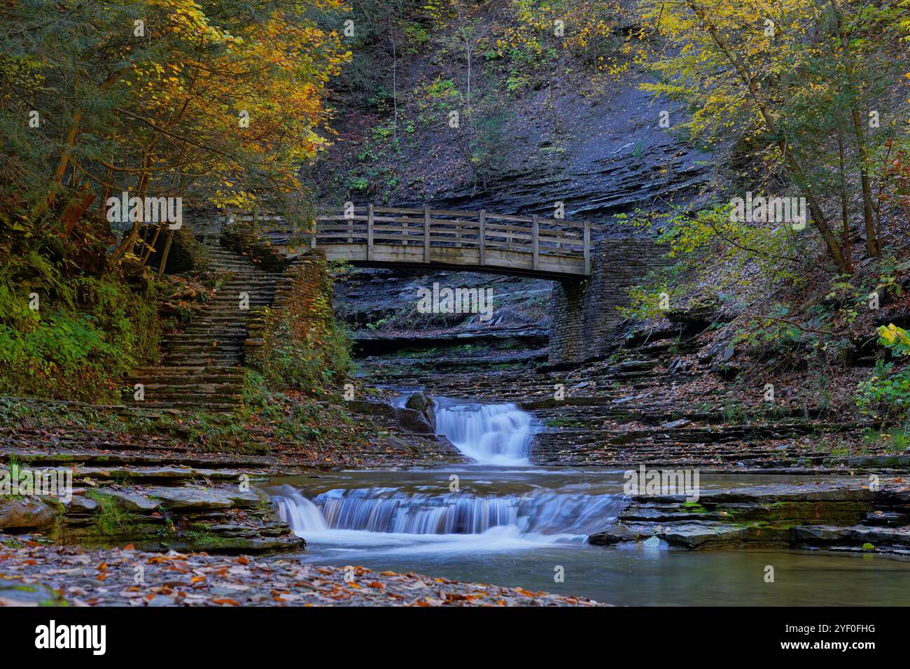 Waterfalls under bridge along the Gorge Trail in Stony Brook State Park ...