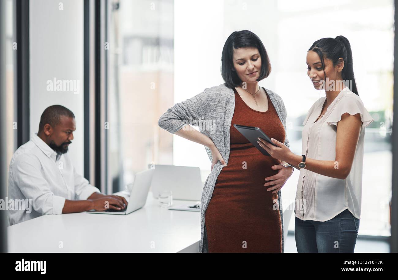 Business, pregnant woman and tablet with conversation, tech and digital ...