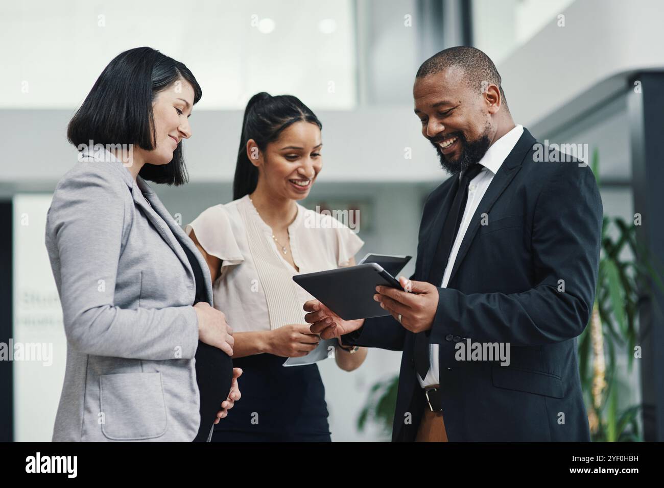 Business people, planning and tablet with conversation, pregnant woman and digital schedule in ...