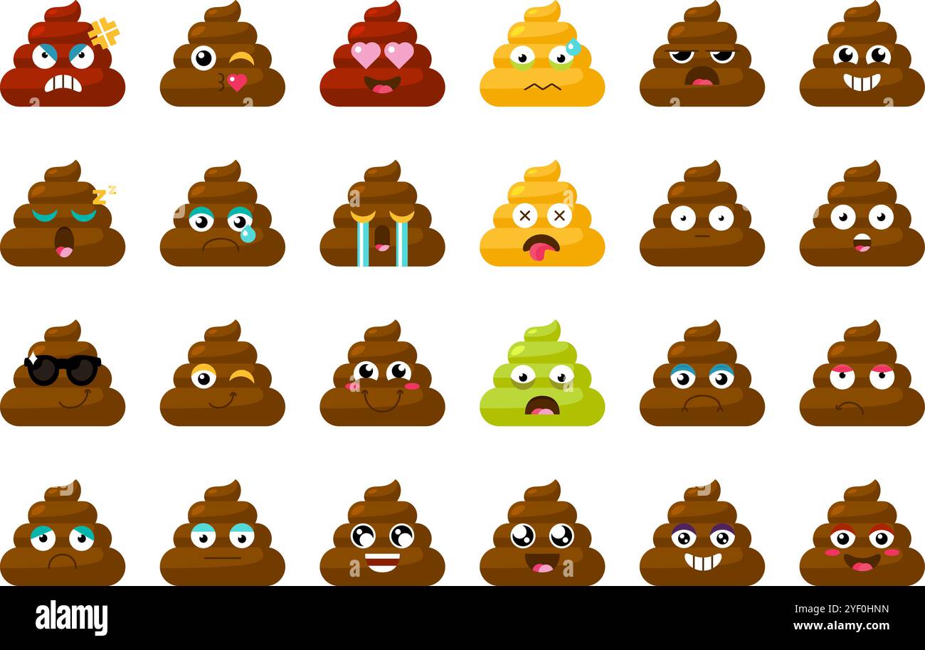 Facial expressions and moods of brown and yellow Emoji poop piles ...