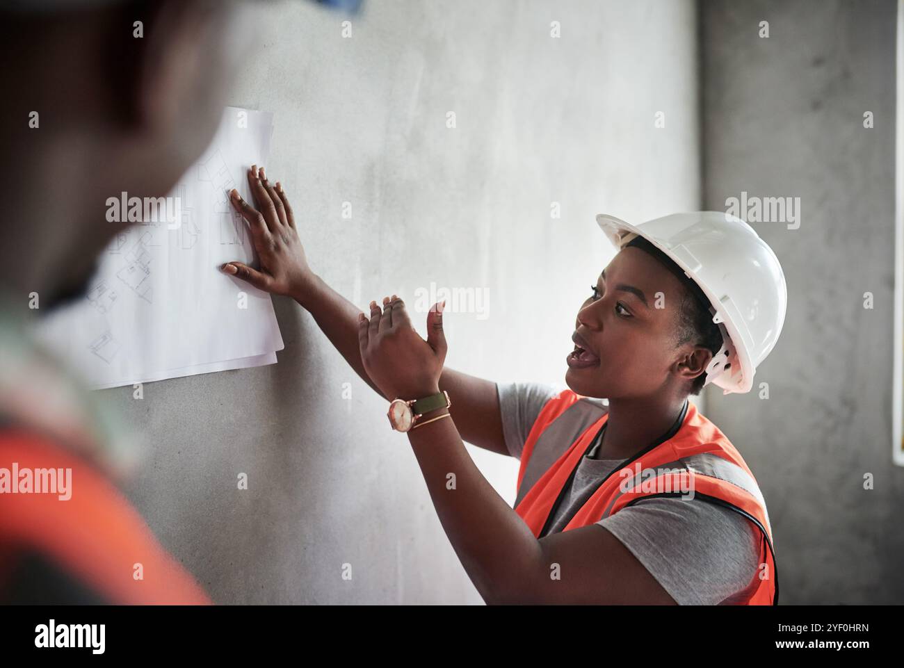 Black woman, blueprint and talking with floor plan, architecture and ...