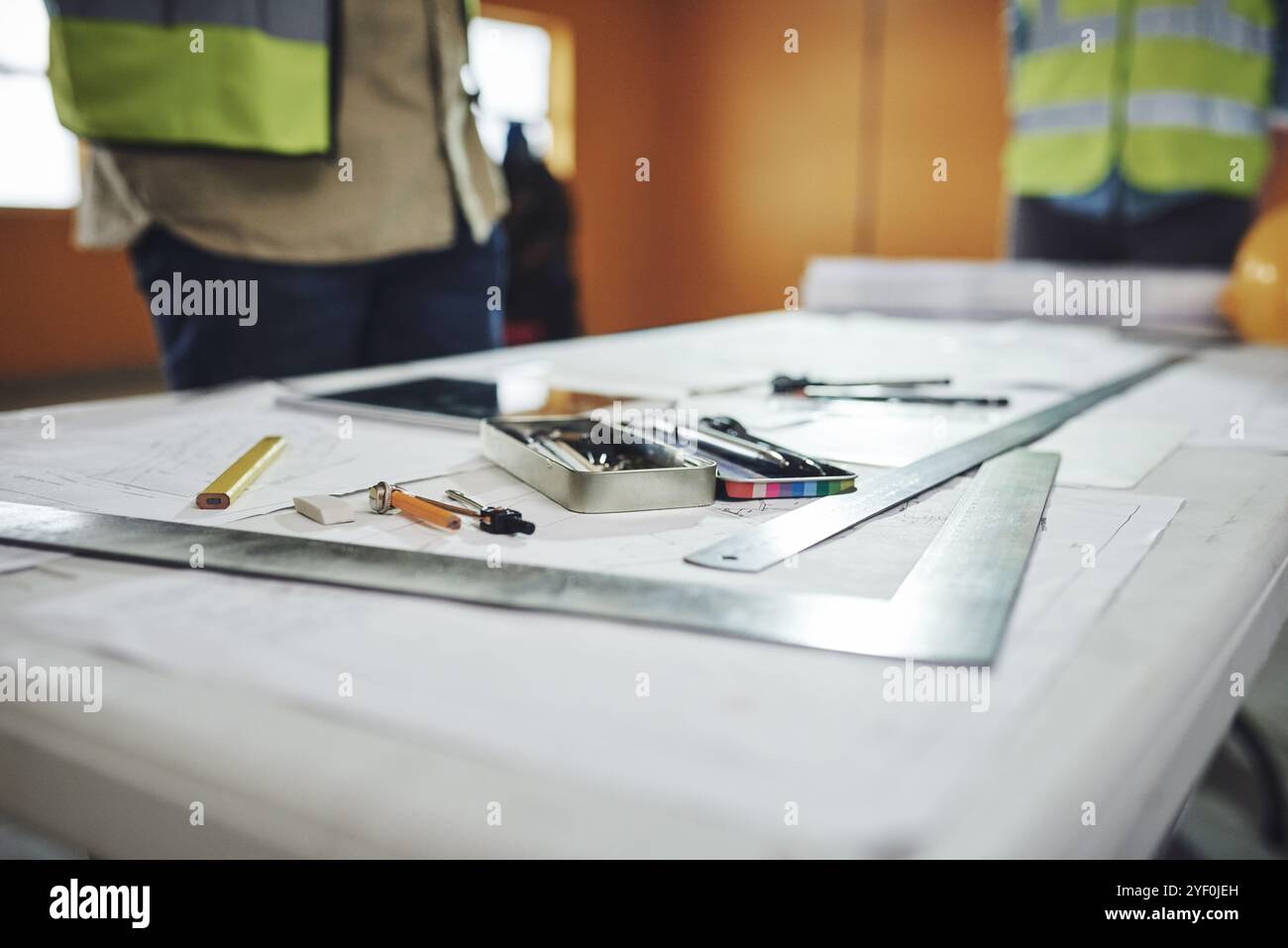 Architect, tools and blueprint of construction worker, builder and ...