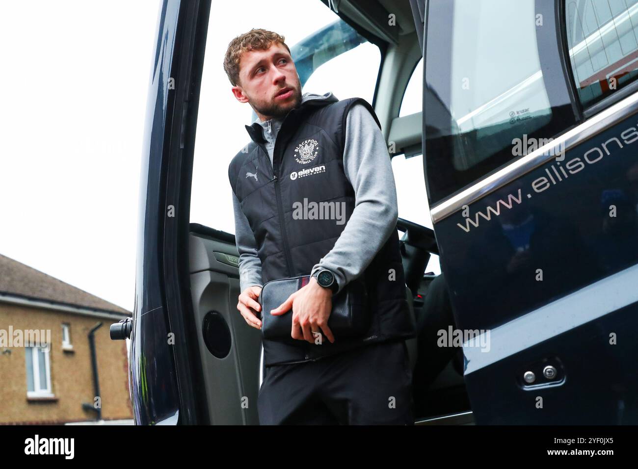Matthew Pennington of Blackpool arrives at EMS Priestfield Stadium ...