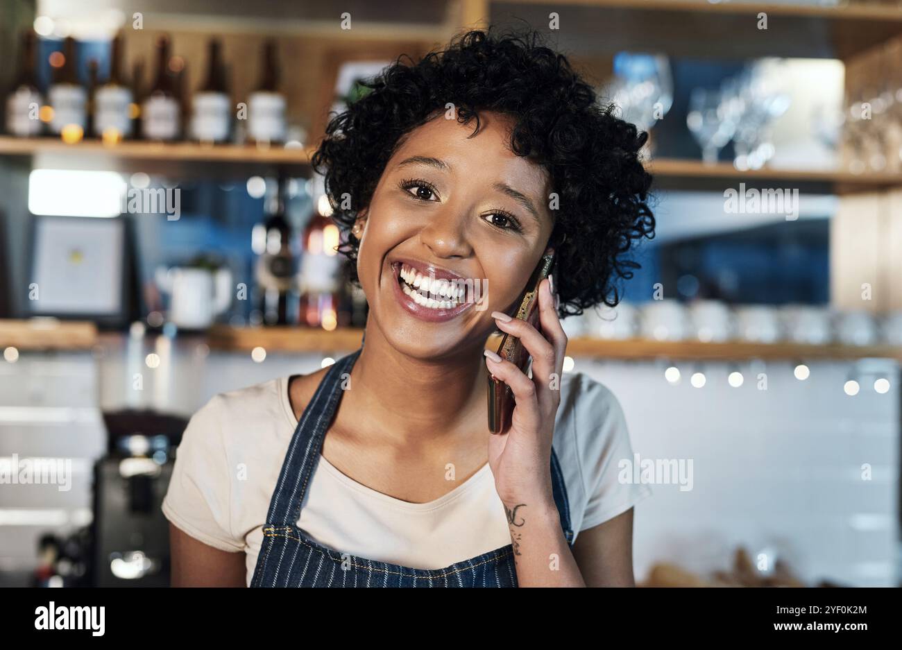 Face, woman and waitress at cafe on phone call for order confirmation ...