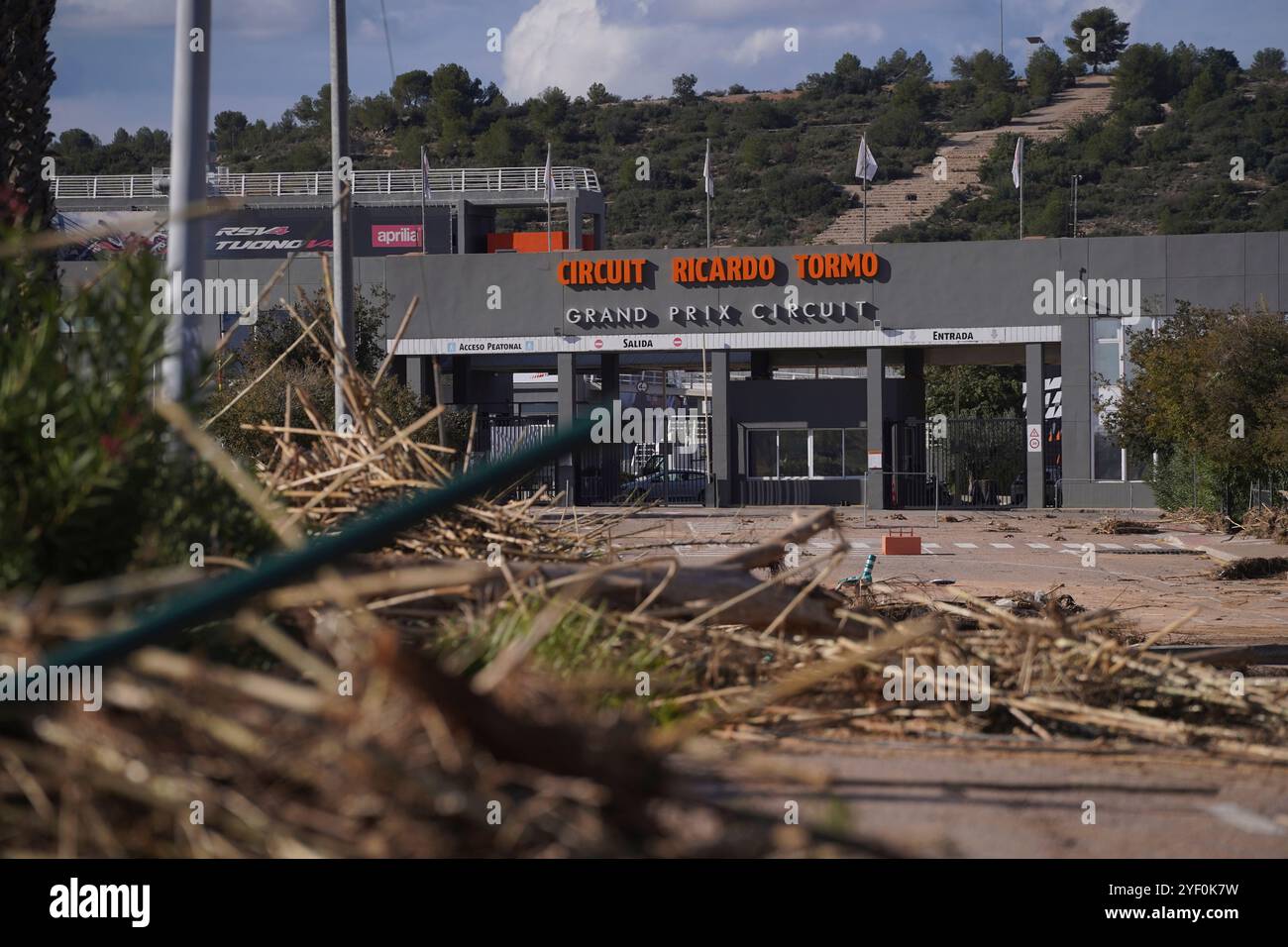 Flood debris is seen in front of the entrance of the Ricardo Tormo ...