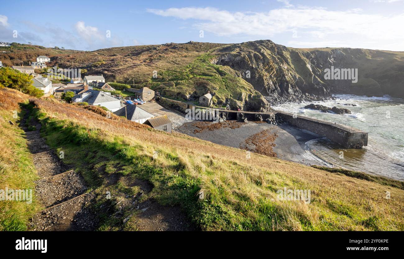 View looking down on Mullion Cove fishing village and beach in the ...