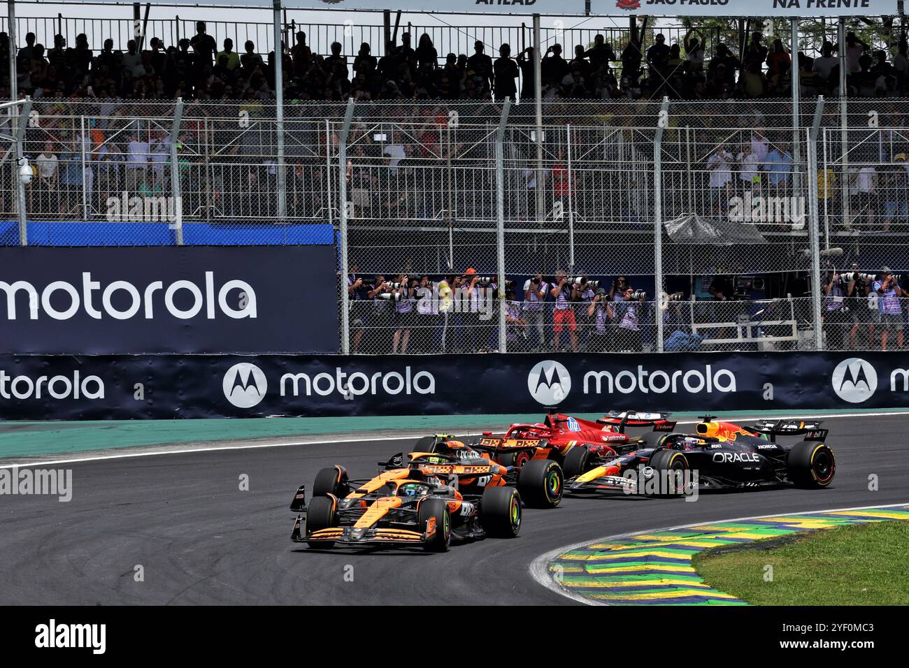 Sao Paulo, Brazil. 02nd Nov, 2024. Oscar Piastri (AUS) McLaren MCL38 leads at the start of ...