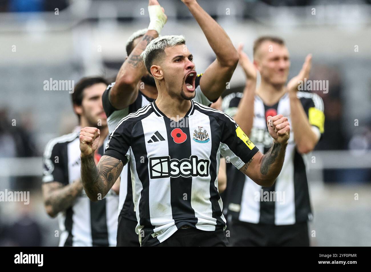Bruno Guimarães of Newcastle United and team mates celebrate their 1-0 ...