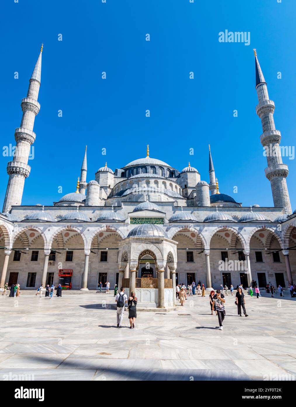 Blue Mosque Courtyard, Fountain, and Minarets in Istanbul, Turkey Stock ...