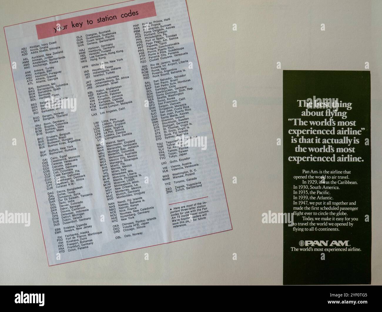 Page of 1973 Airline Destination codes from a PAA flight attendant's ...
