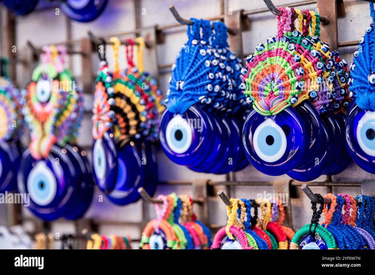 Nazar boncuk amulets (wards against the evil eye) hanging in the row at ...