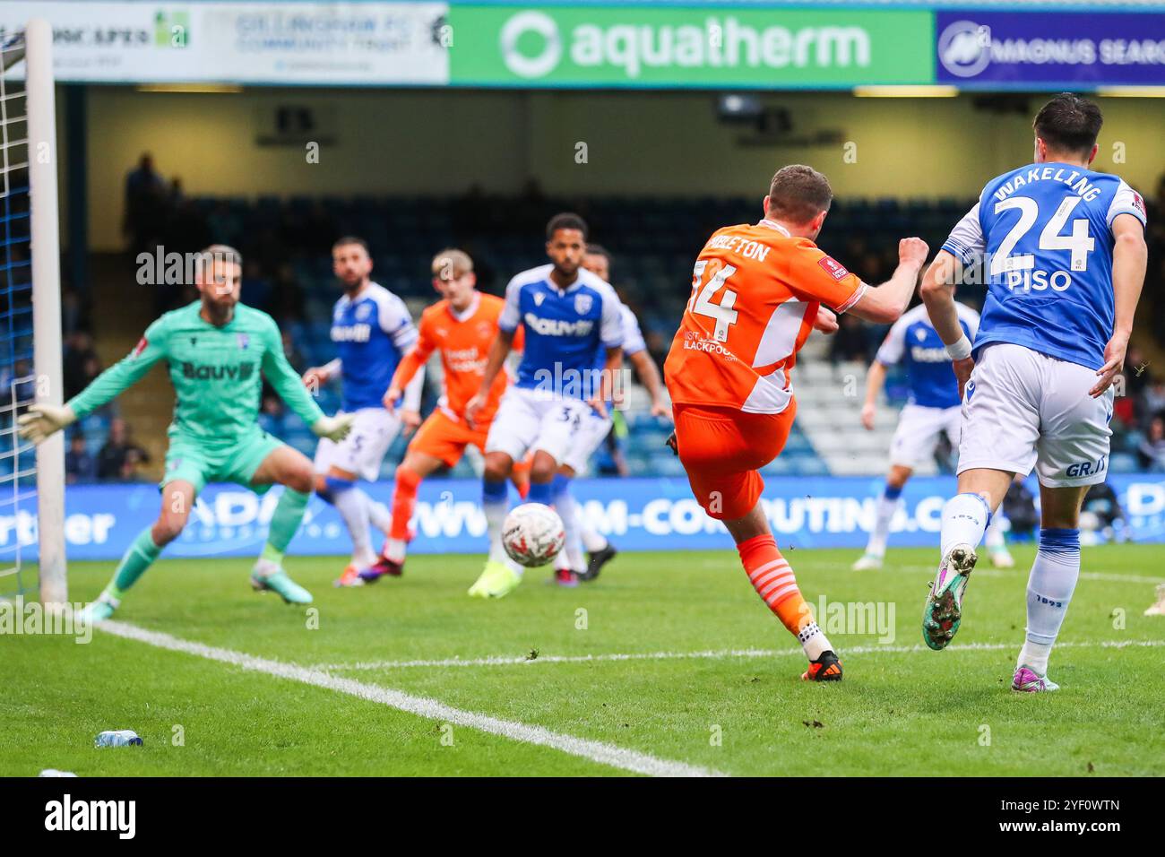 Elliot Embleton of Blackpool shoots during the Emirates FA Cup First ...