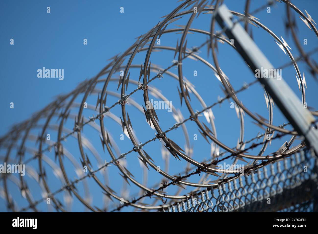 Barbed wire on the fence. Barbed wire fence delimiting the border of ...