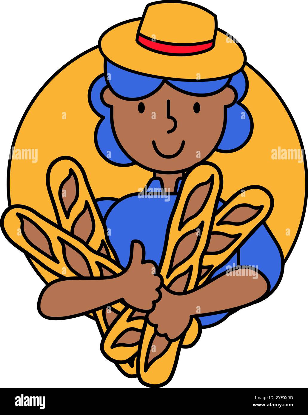 A cheerful character in a hat holds a freshly baked baguettes in each ...