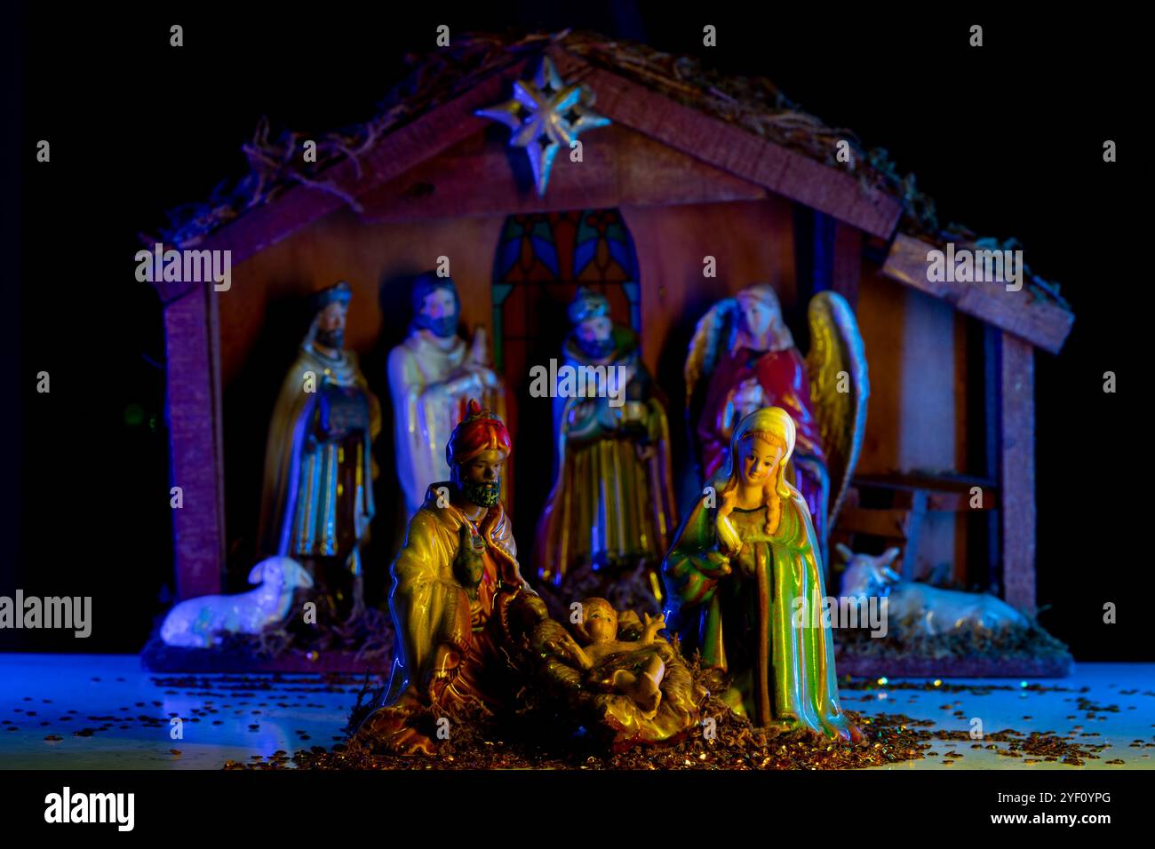 Jesus in manger. Christmas greeting card. A Christmas scene with baby ...