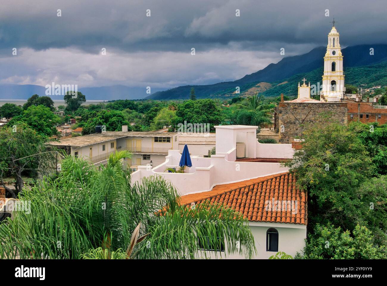 General view of town of Ajijic, Parroquia San Andres Apostol church ...