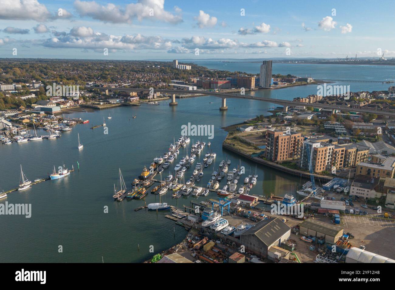 Aerial view of the River It heading towards the Itchen Toll Bridge ...