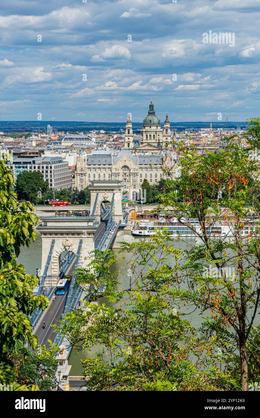View of Pest from Buda Castle including the Danube River, Chain Bridge ...