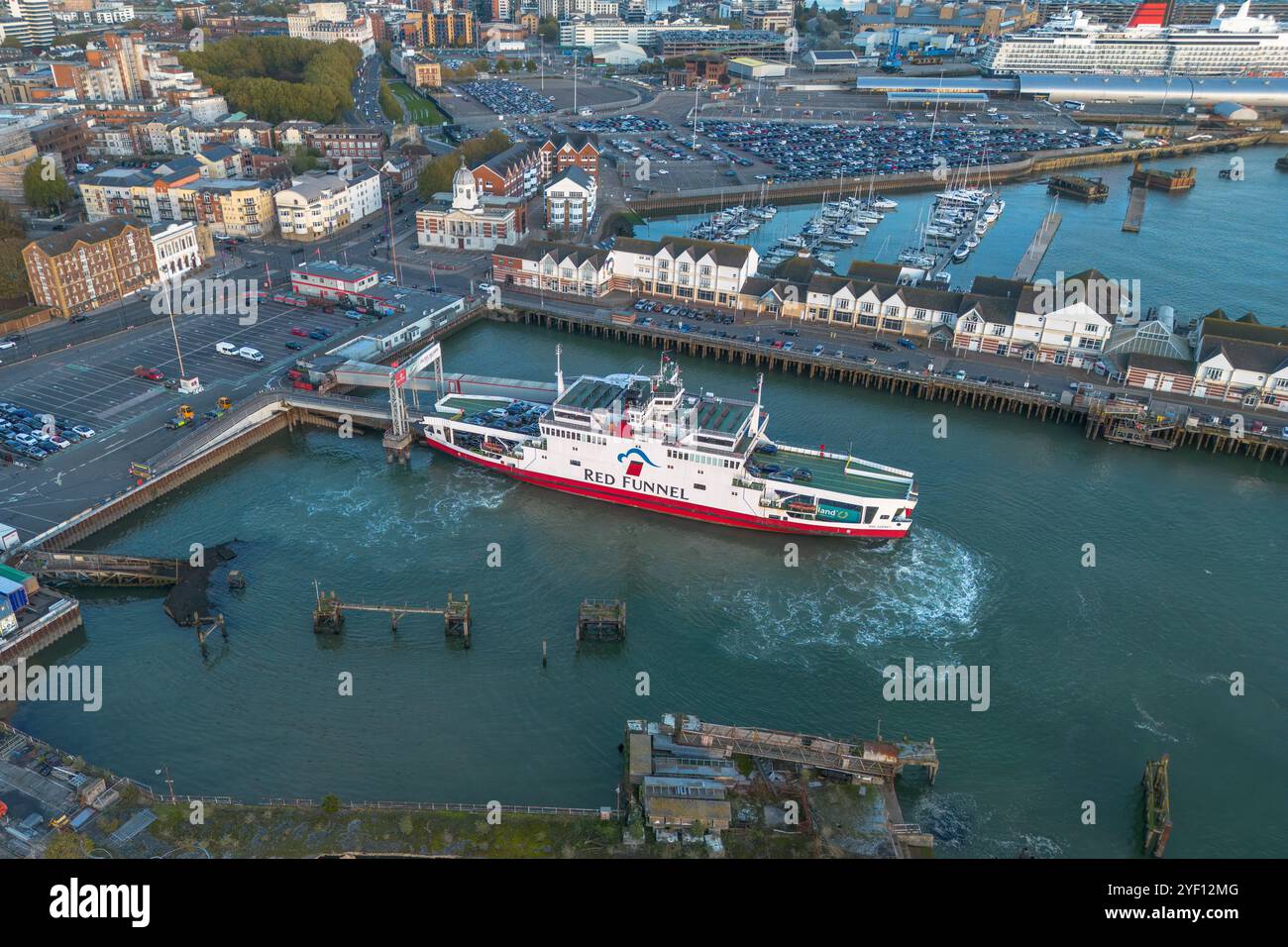Aerial view of an Isle of Wight ferry arriving in the ABP Port of ...