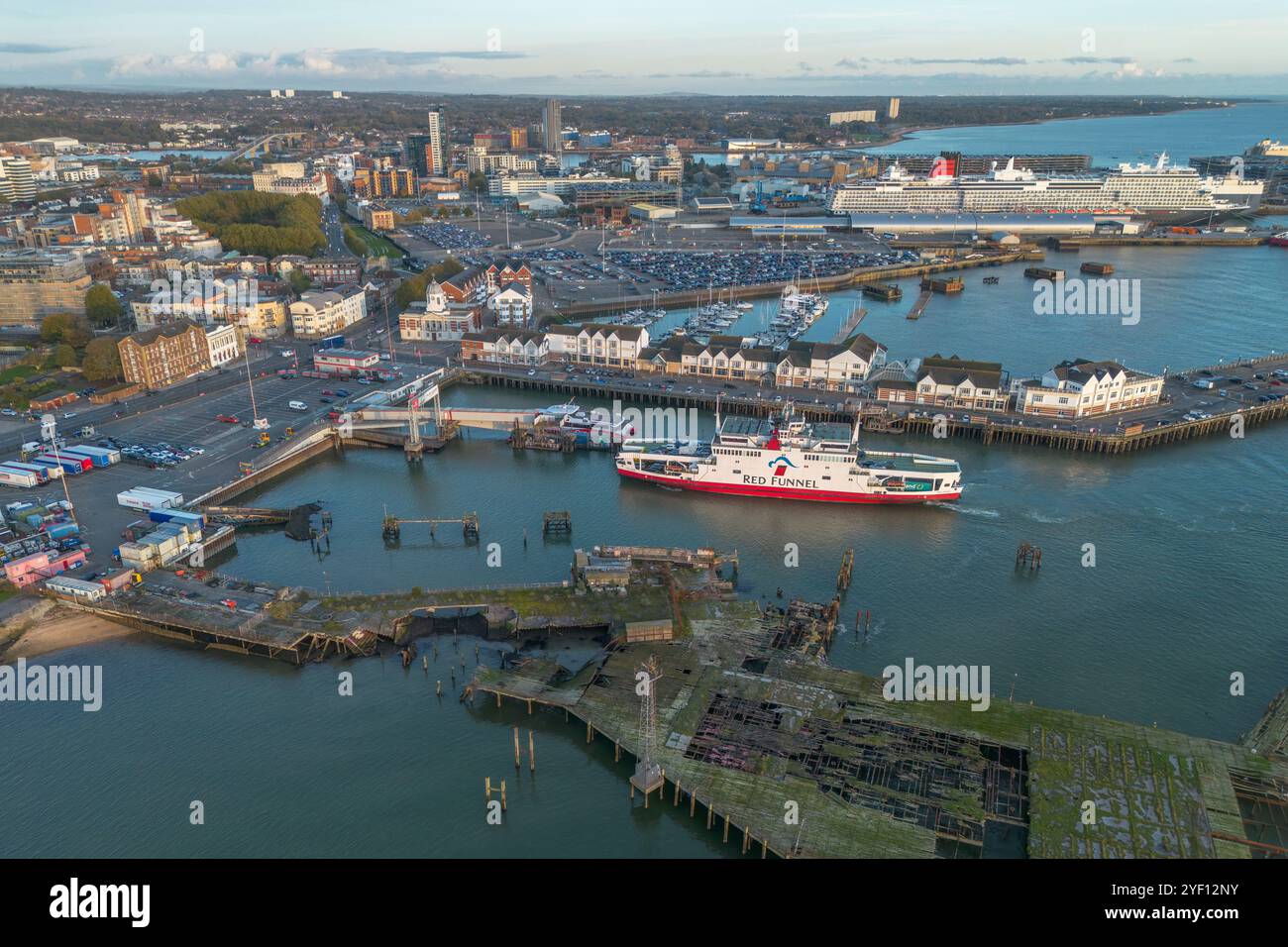 Aerial view of an Isle of Wight ferry arriving in the ABP Port of ...