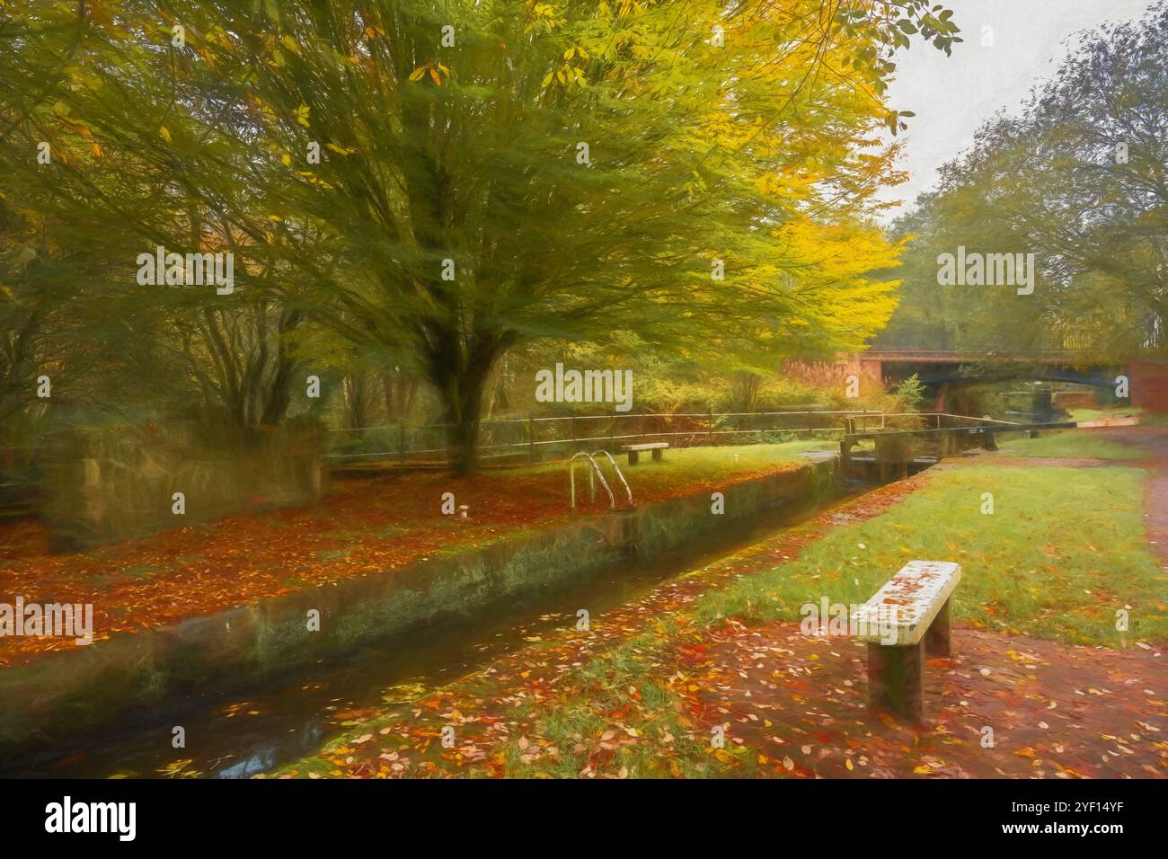 Caldon Canal waterway digital oil painting of autumn colours at bridge ...