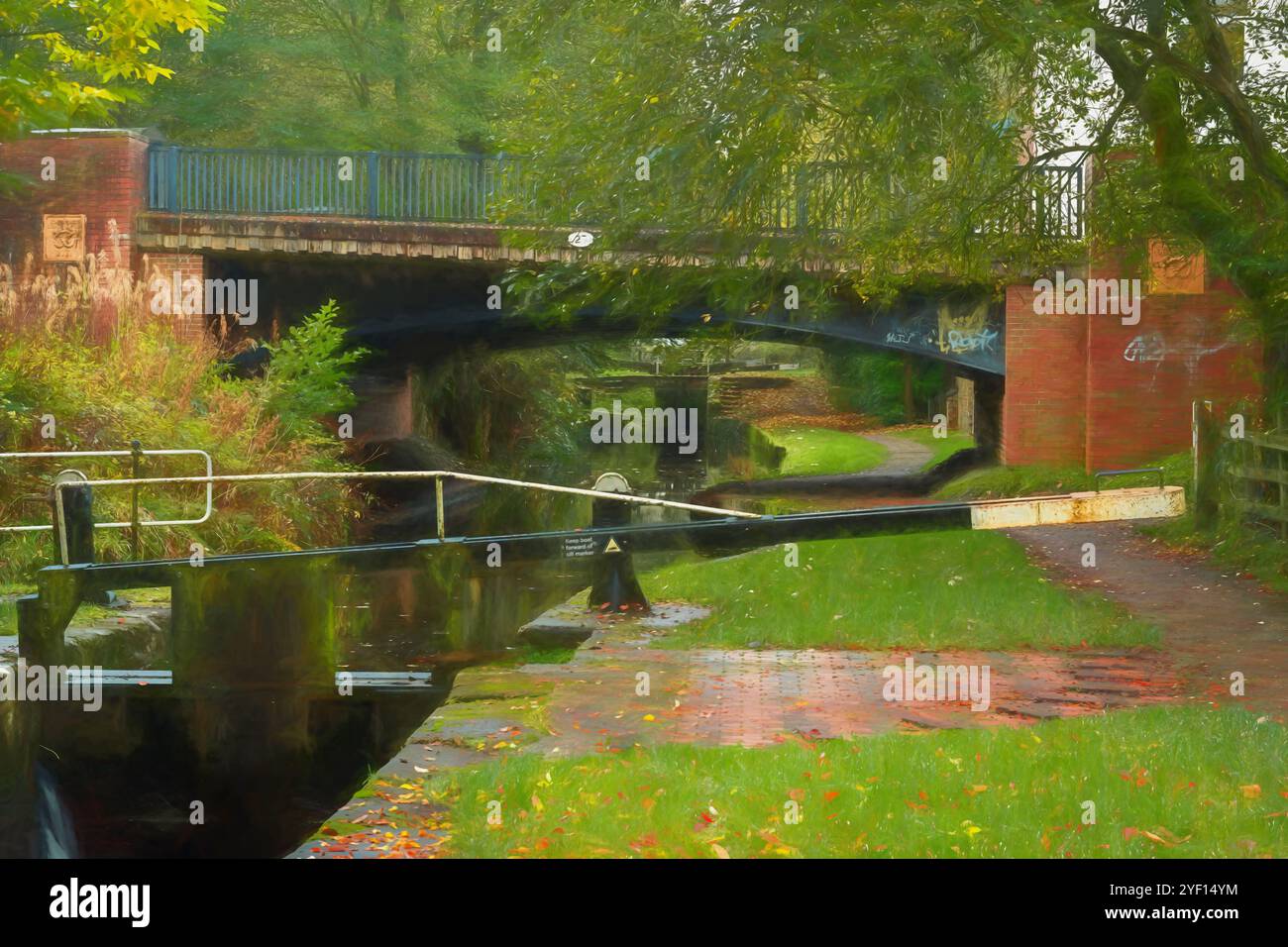 Caldon Canal waterway digital oil painting of a lock at bridge 25 ...