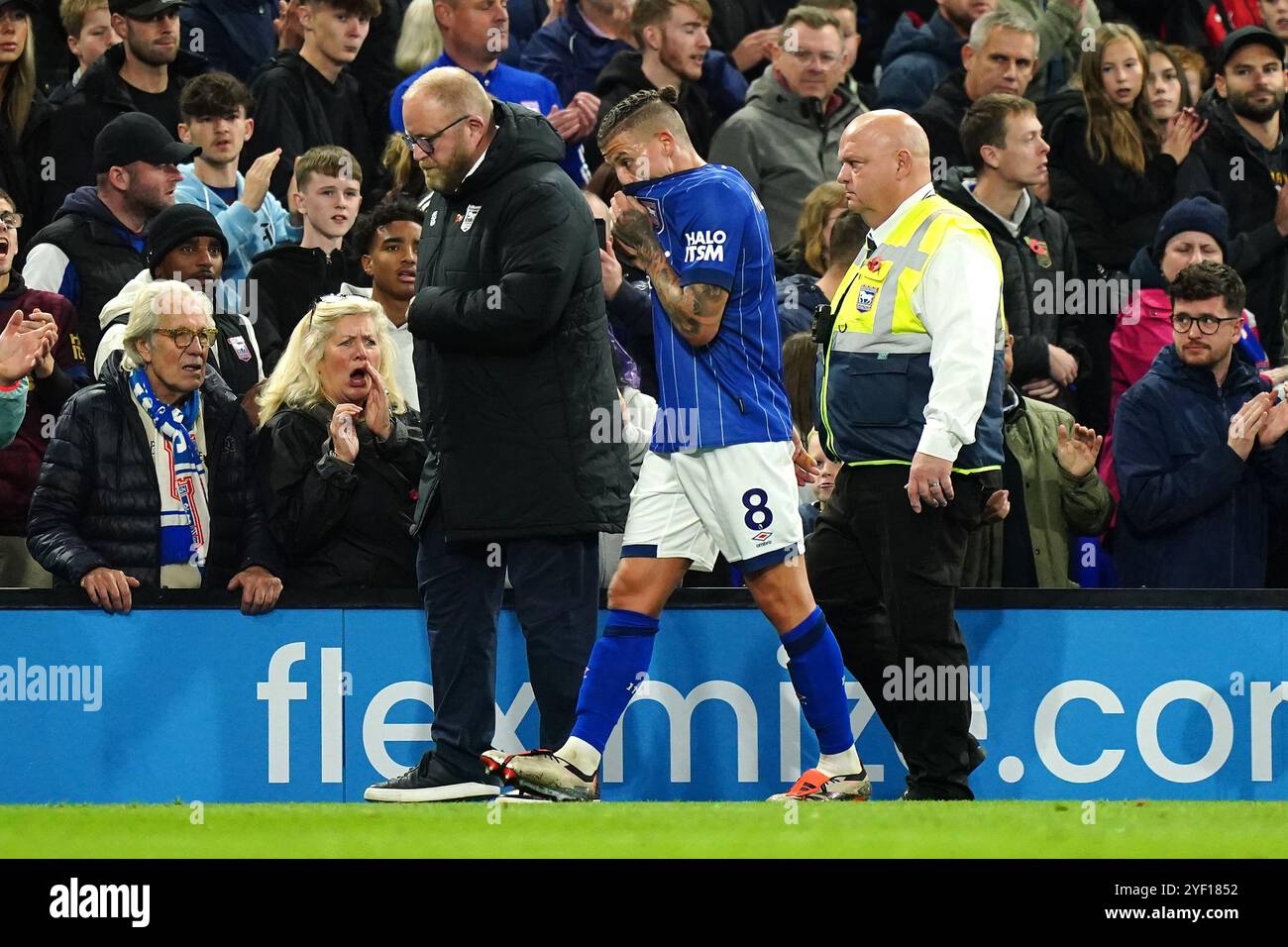 Ipswich Town's Kalvin Phillips walks off the field after being shown a ...