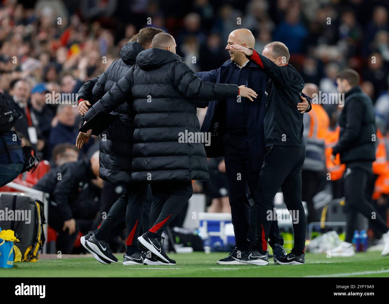 Liverpool manager Arne Slot celebrates at the final whistle after the ...