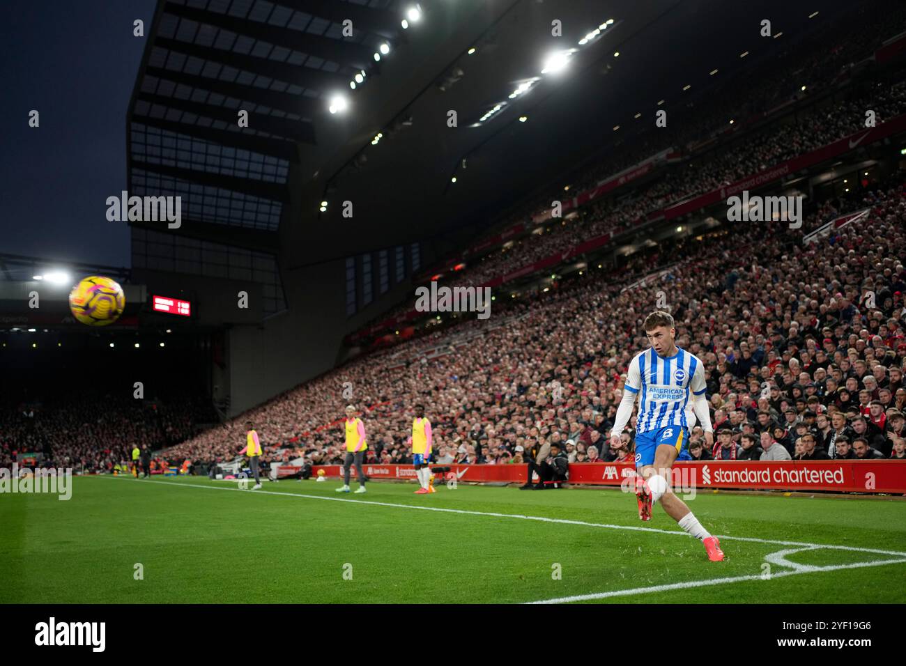 Brighton's Brajan Gruda kicks a corner during the English Premier ...
