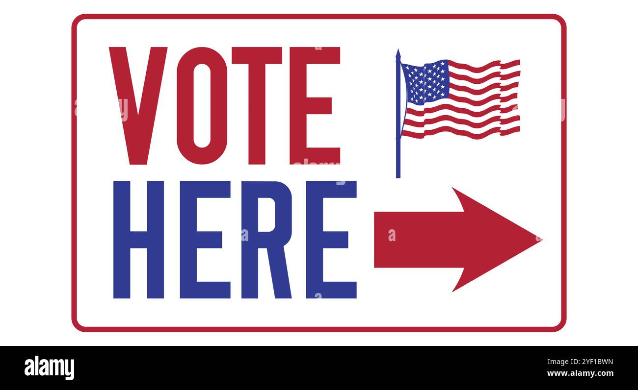 Vote here, polling place sticker. Direction to the voting place. Flat ...