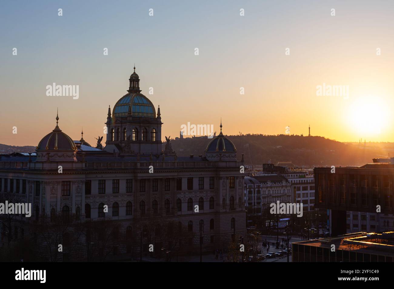 Sunset view of the National Museum (Národní Muzeum), located on ...