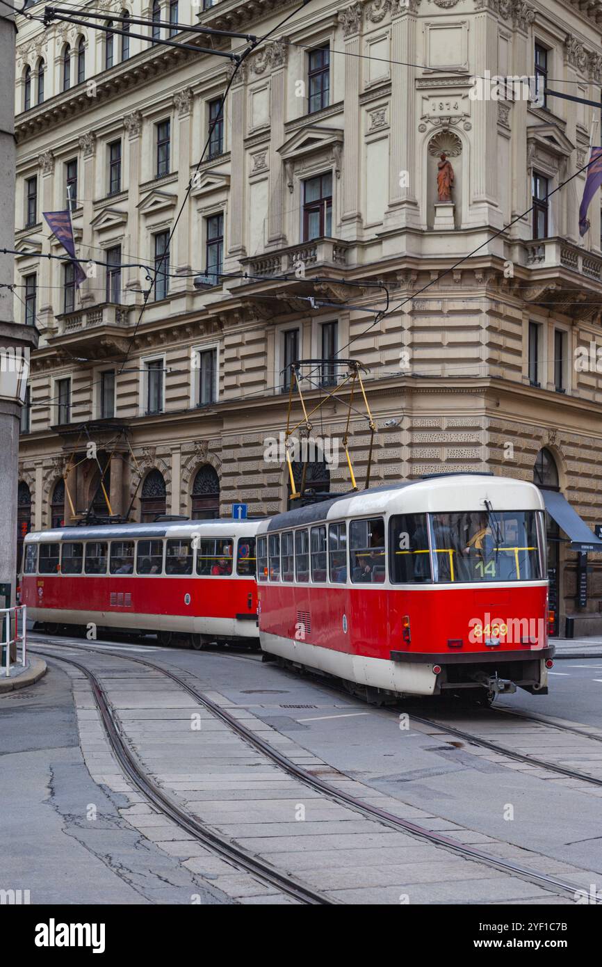 The iconic and classic red Prague's tramway (Tatra T3R.P) circulating ...